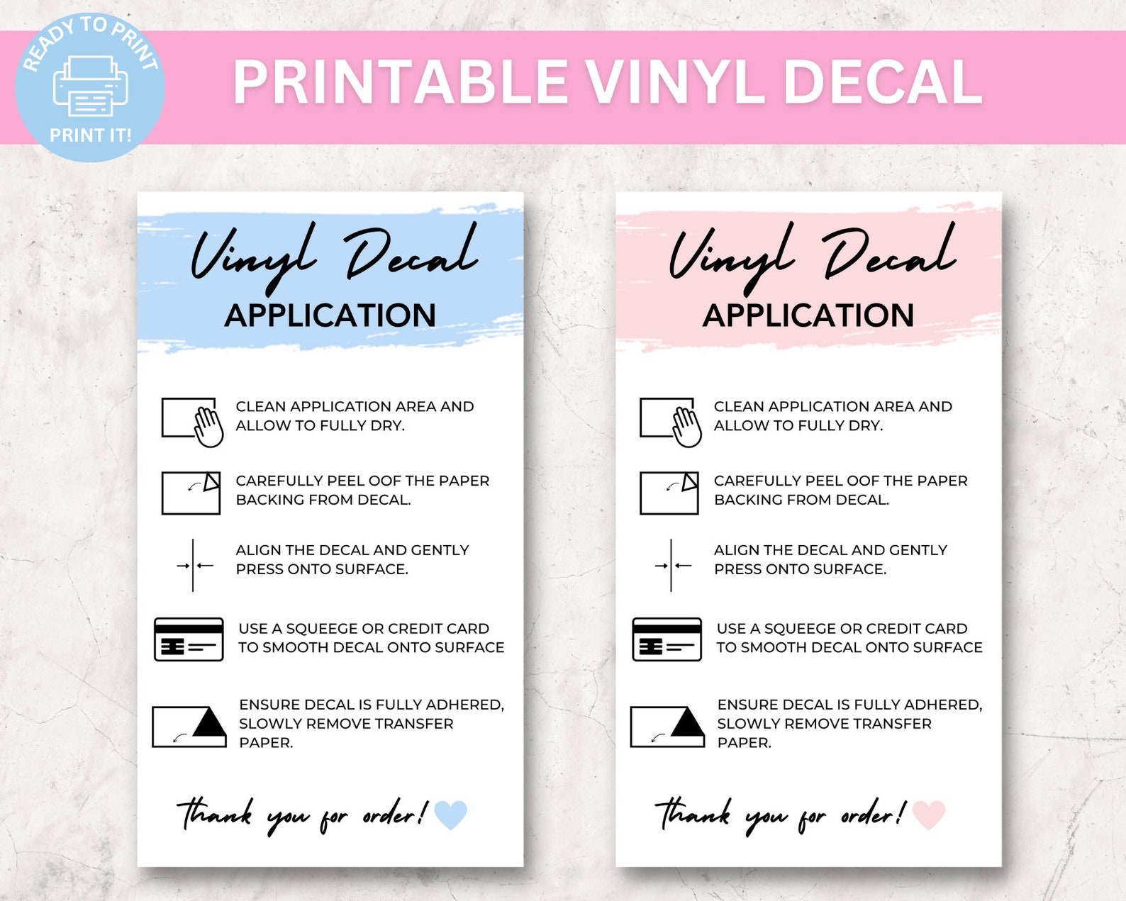 Vinyl Decal Application Card, Printable Vinyl Decal Care Card ...