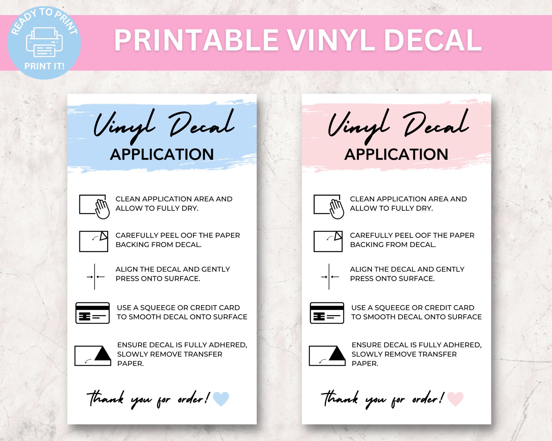 Vinyl Decal Application Card, Printable Vinyl Decal Care Card ...