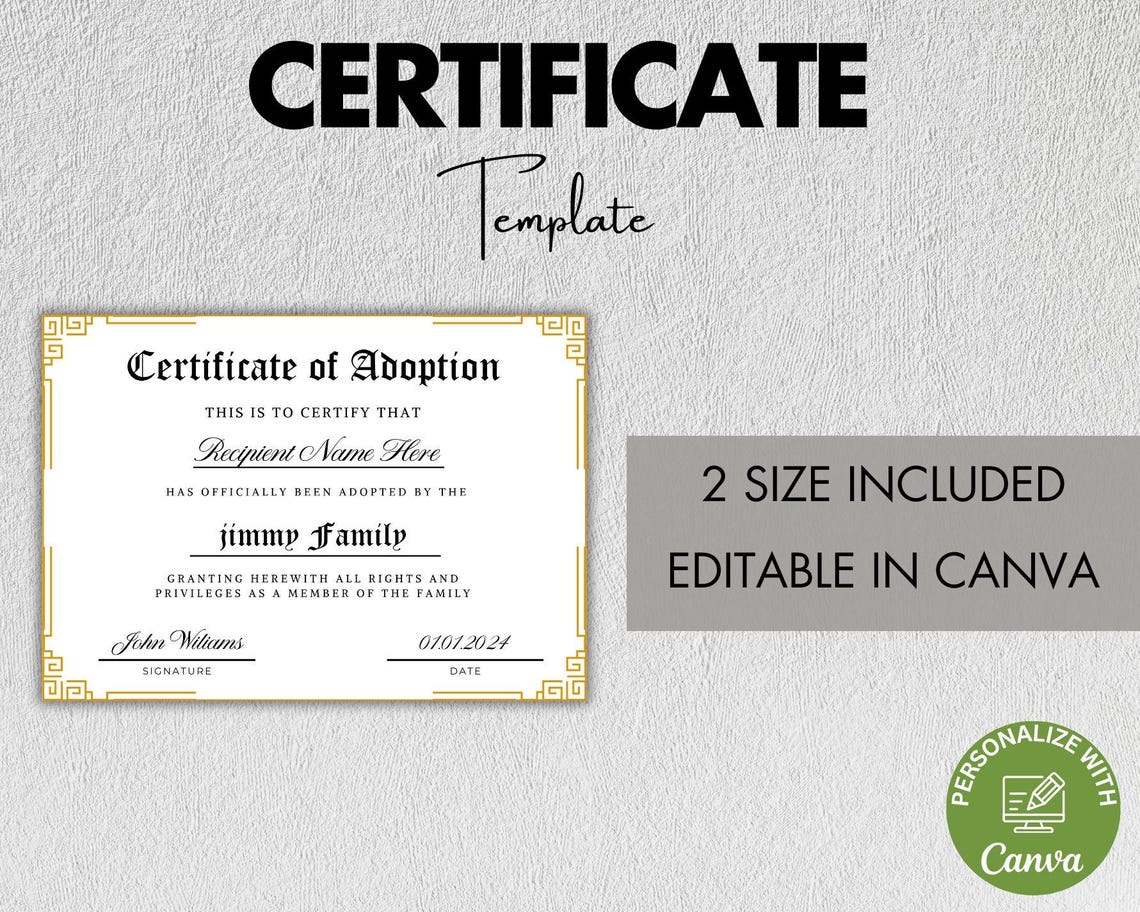 Certificate of Adoption Template, Editable Child Adoption Certificate ...