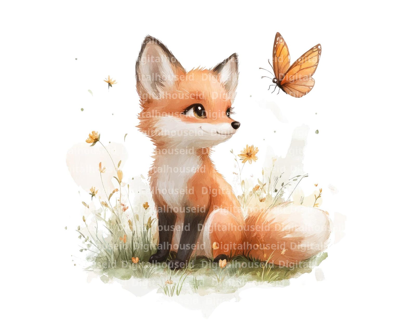 12 Fox and Butterfly Clipart, Cute Fox Baby, Printable Watercolor ...