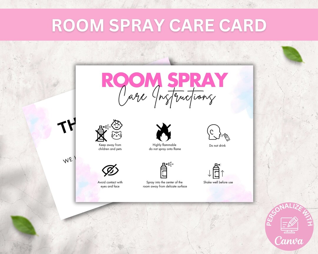 Room Spray Care Card Template, Printable Room Mist Care Instructions ...