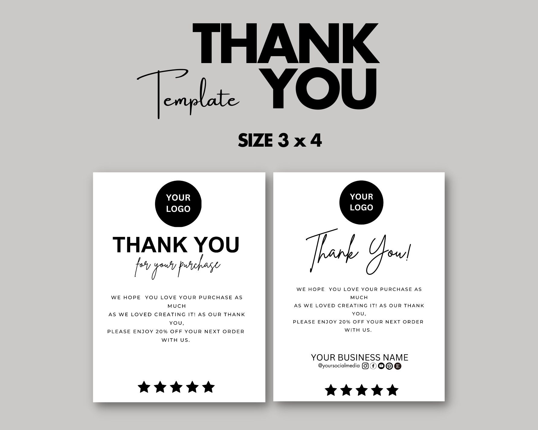 Thank You Card Bundle, Editable Template, Small Business Package Insert ...
