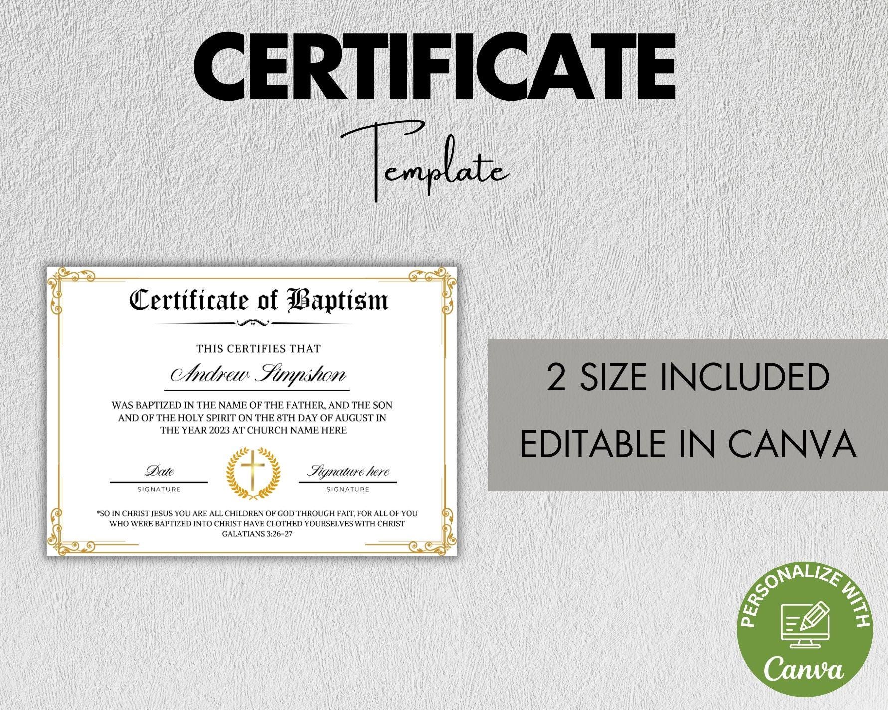 Editable Baptism Certificate Template, Printable Certificate of Baptism ...