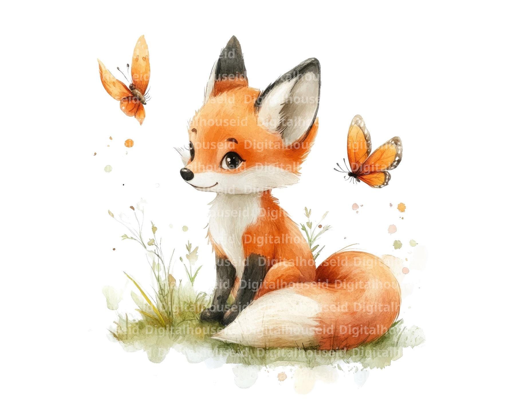 12 Fox and Butterfly Clipart, Cute Fox Baby, Printable Watercolor ...