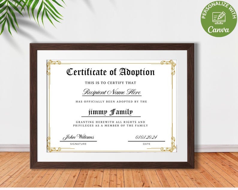 Certificate of Adoption Template, Editable Child Adoption Certificate ...