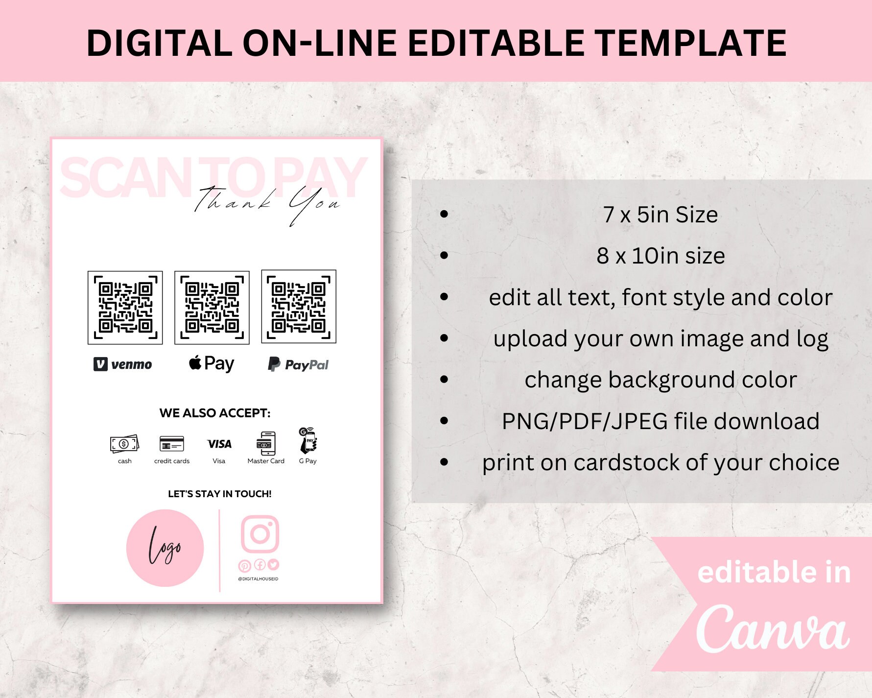 Editable Scan to Pay Card, Canva Template, QR Code Sign, Business Sign ...