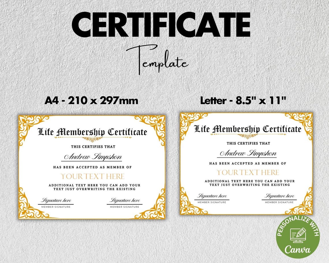 Editable Certificate of Life Membership, Printable Life Membership ...