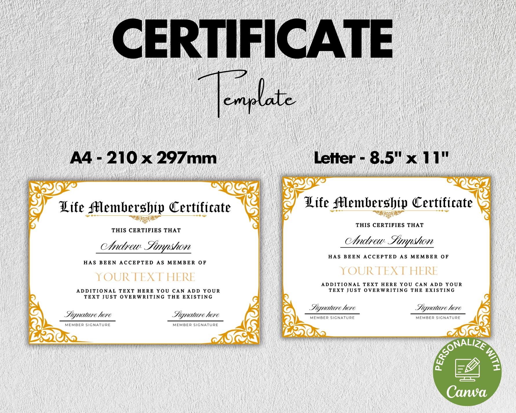 Editable Certificate of Life Membership, Printable Life Membership ...
