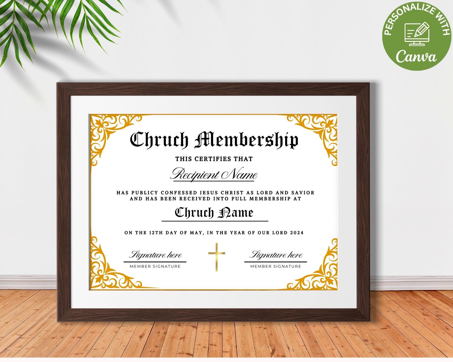 Church Membership Certificate Template, Editable Certificate of ...
