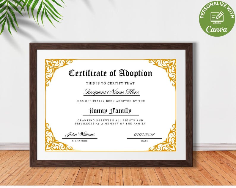 Certificate of Adoption Template, Editable Child Adoption Certificate ...