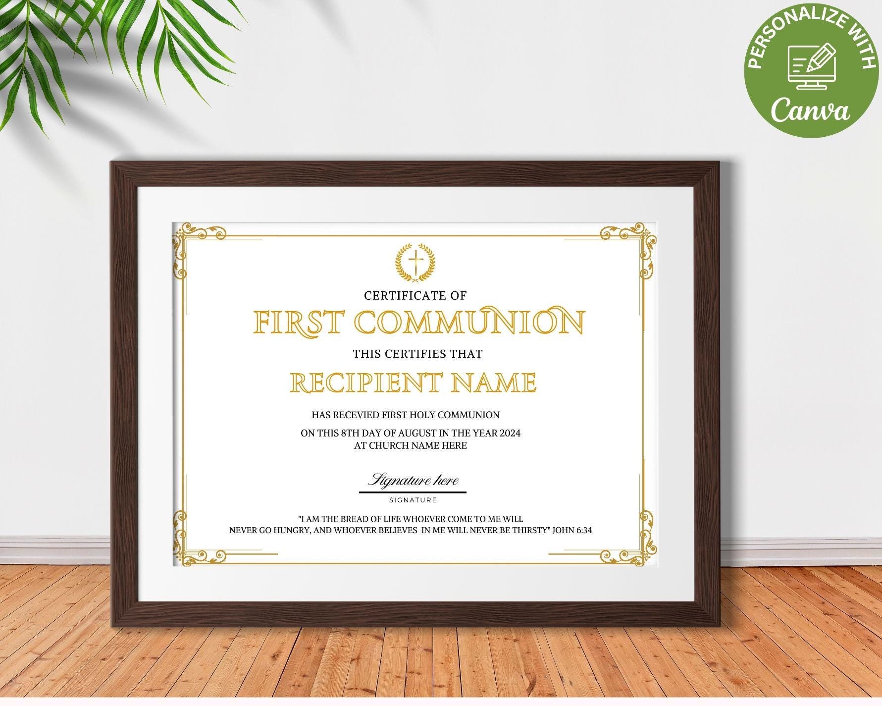 First Communion Certificate Template, Editable First Holy Communion ...