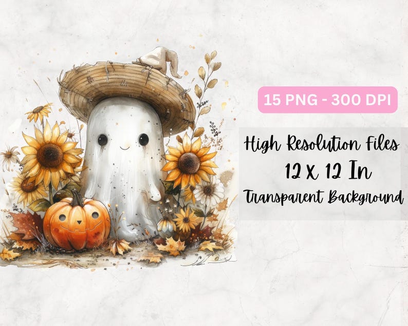 Watercolor Cute Ghost Clipart, 8 PNG Halloween Clipart Bundle, Cute ...