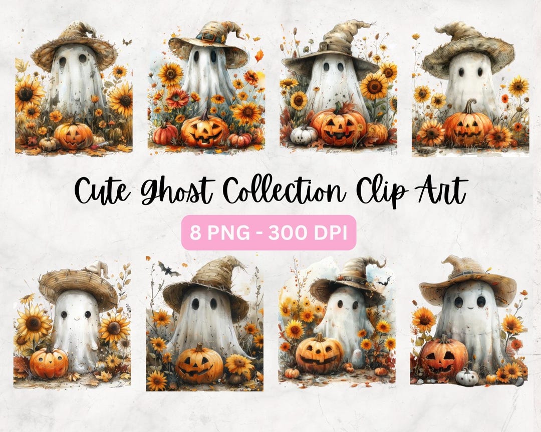 Watercolor Cute Ghost Clipart, 8 PNG Halloween Clipart Bundle, Cute ...