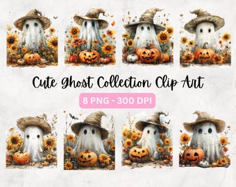 Watercolor Ghost Clipart, 25 PNG Halloween Clipart Bundle, Cute Ghost ...