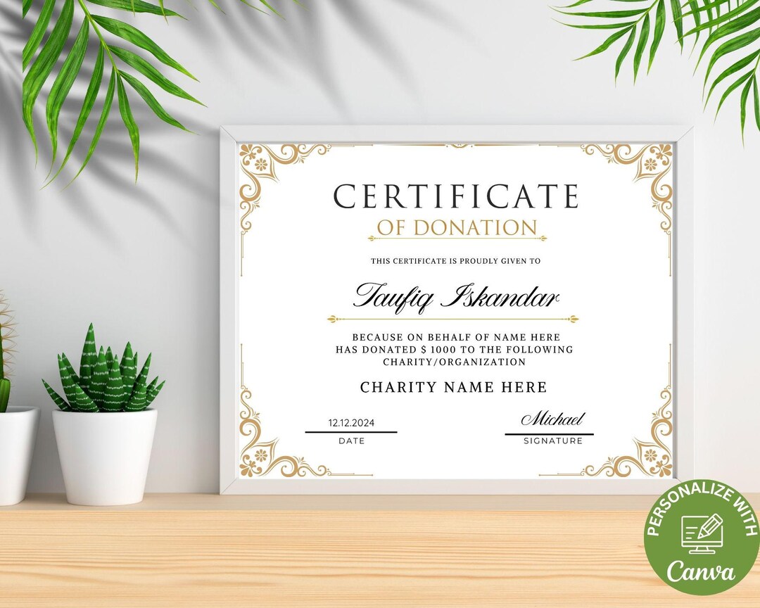 Certificate of Donation Template, Editable Donation Certificate ...