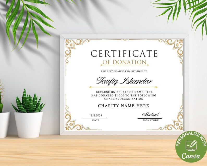 Certificate of Donation Template, Editable Donation Certificate ...