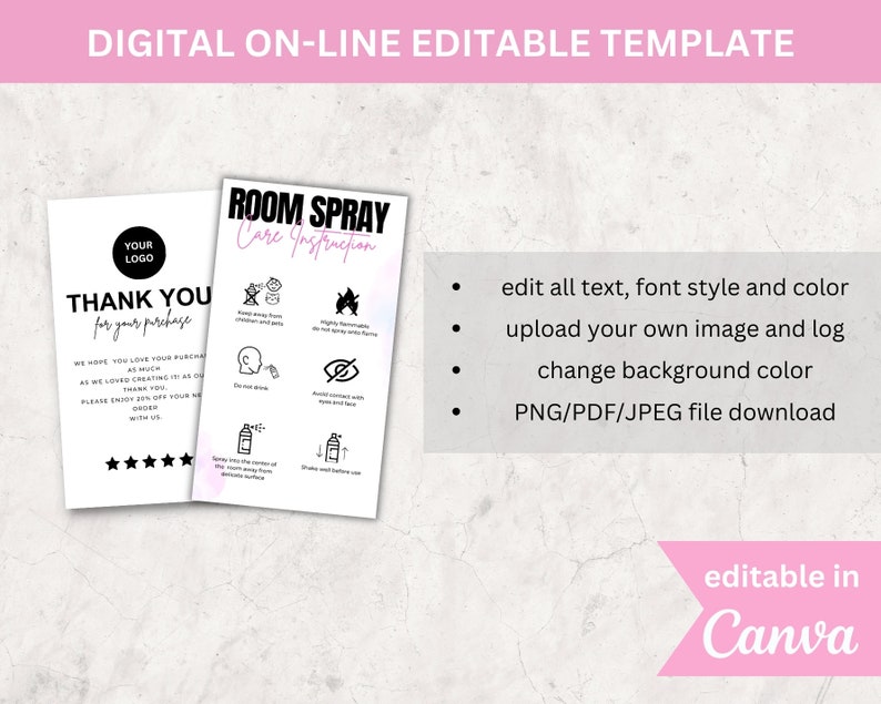 Room Spray Care Card Template, Printable Room Mist Care Instructions ...