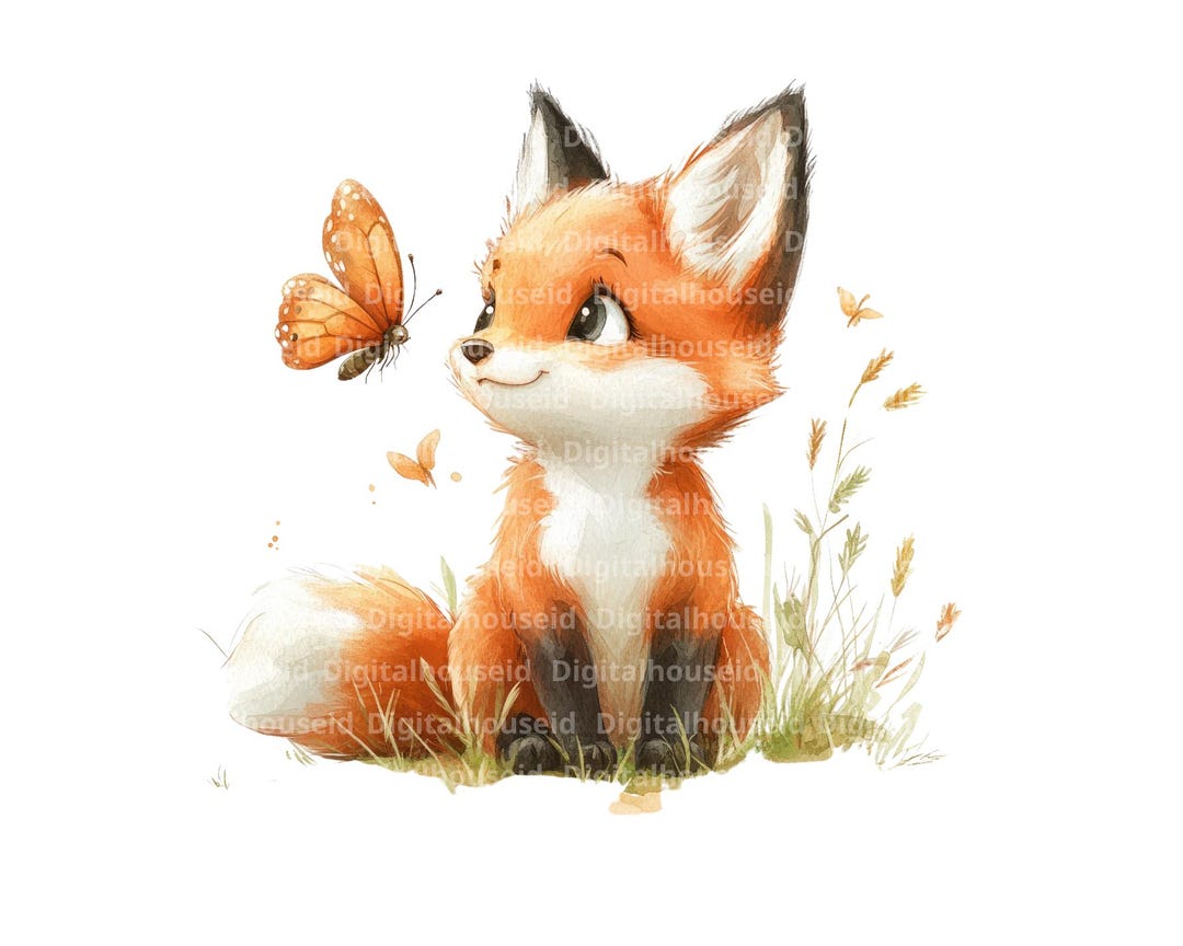 12 Fox and Butterfly Clipart, Cute Fox Baby, Printable Watercolor ...