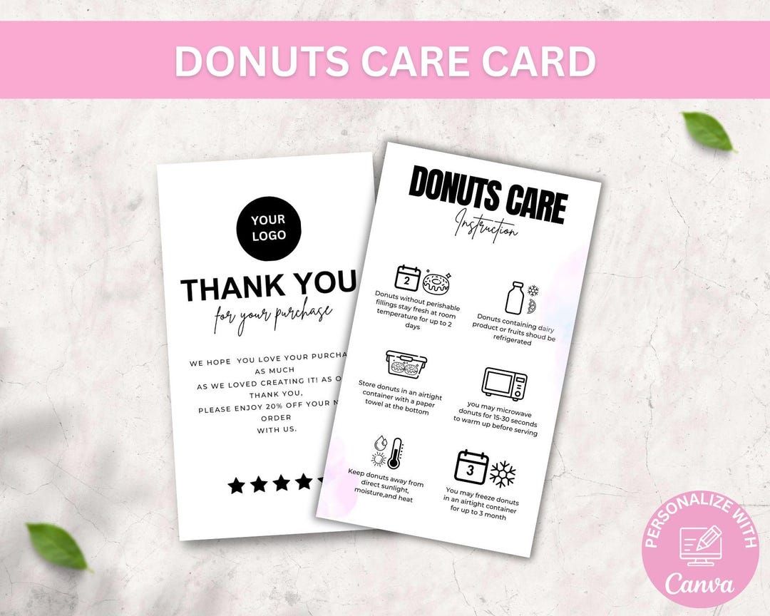 Mini Donuts Care Card Template, Editable Donut Care Instructions Cards ...