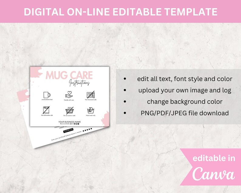 Mug Care Card Template, Mini Coffee Cup Care Guide, Editable Mugs Care ...