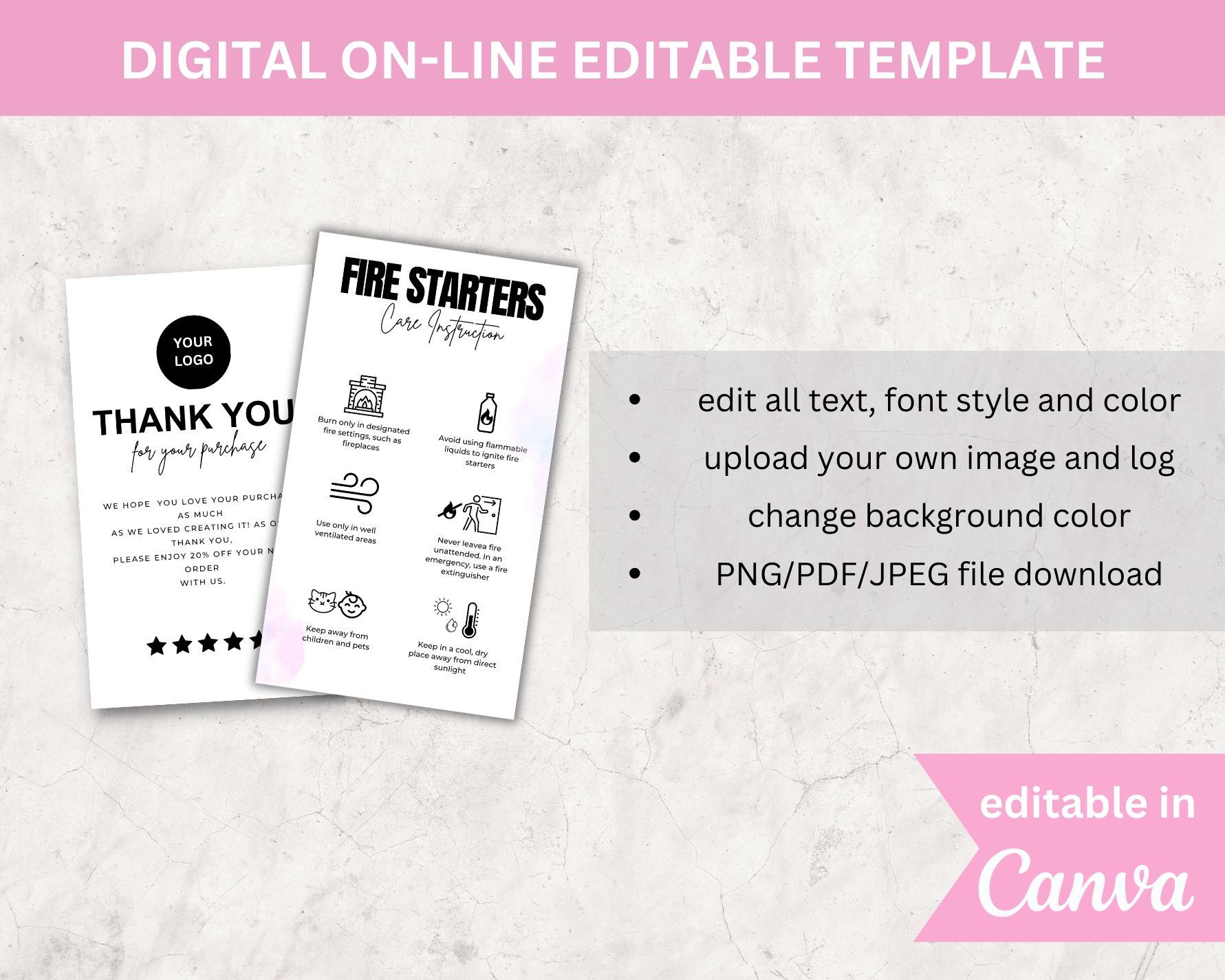 Mini Fire Starters Care Guide Template, Editable Wax Firelighters Care ...