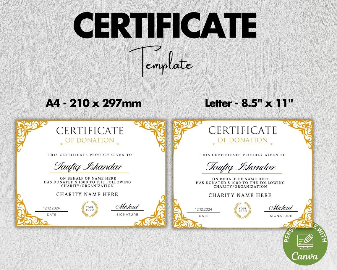 Certificate of Donation Template, Editable Donation Certificate ...