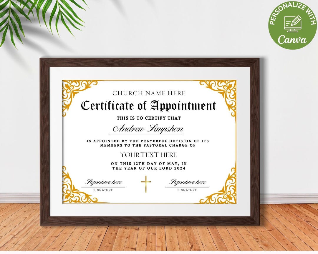 Editable Appointment Certificate, Printable Bishop Pastor Appointed ...