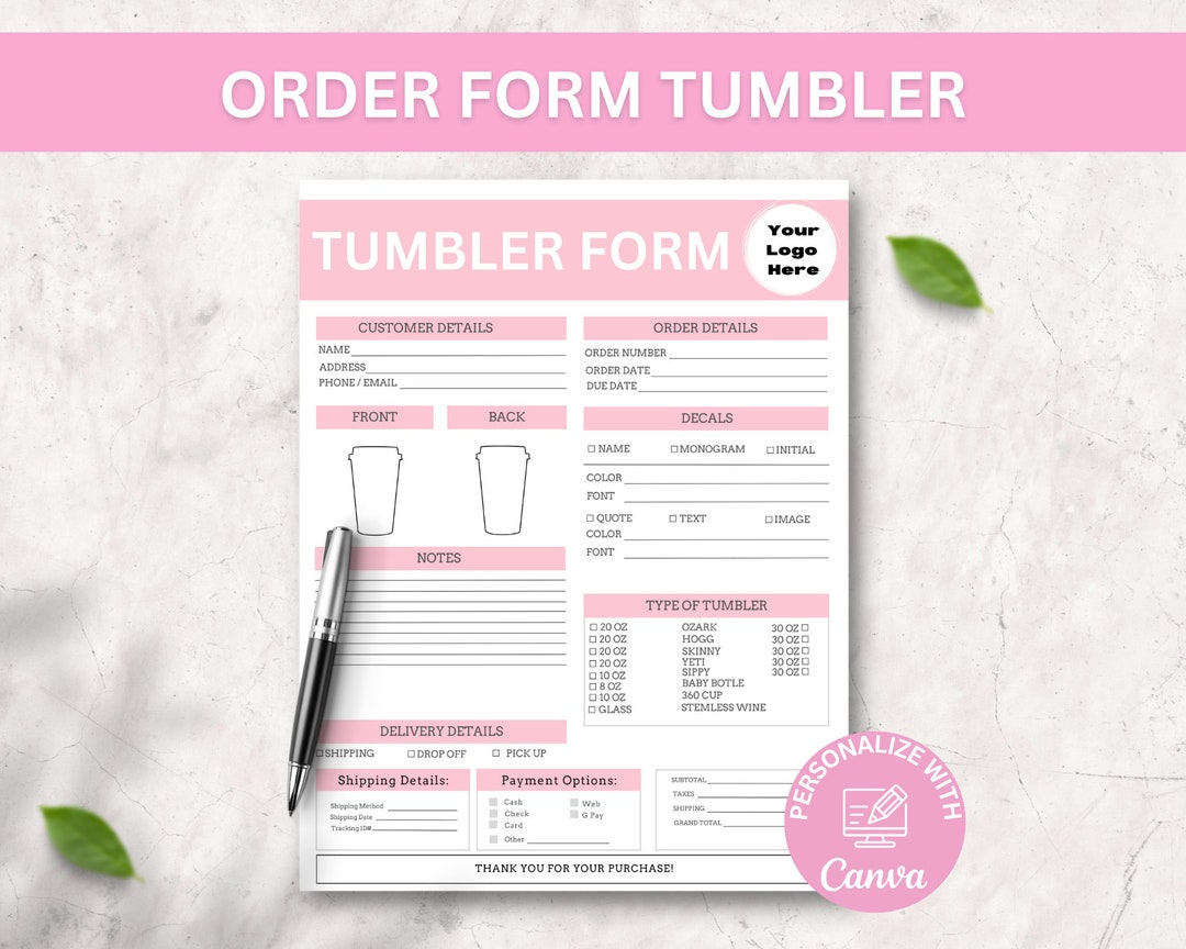 Editable Tumbler Order Form Template, Custom Tumbler Form, Printable ...