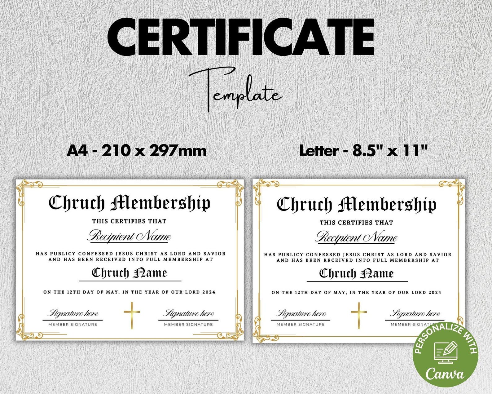 Church Membership Certificate Template, Editable Certificate of ...