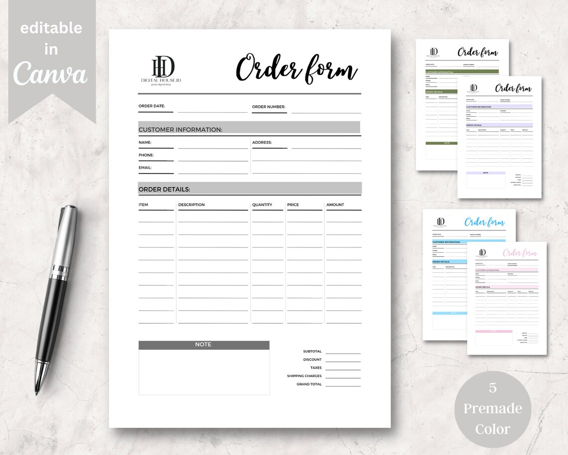 Order Form Printable and Editable Good for Small Business Orders, Customer Order Printable ...