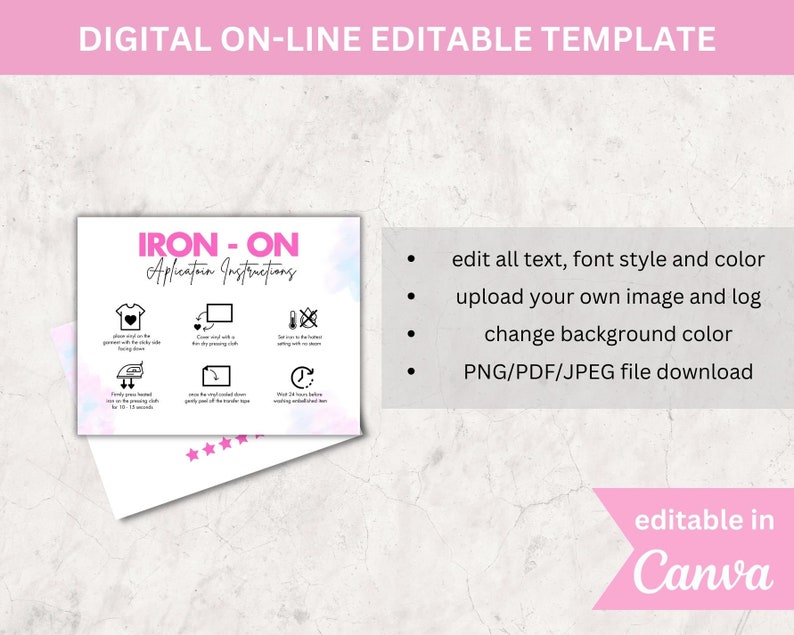 Iron-on Instructions Template, Editable Iron on Heat Transfer Vinyl ...