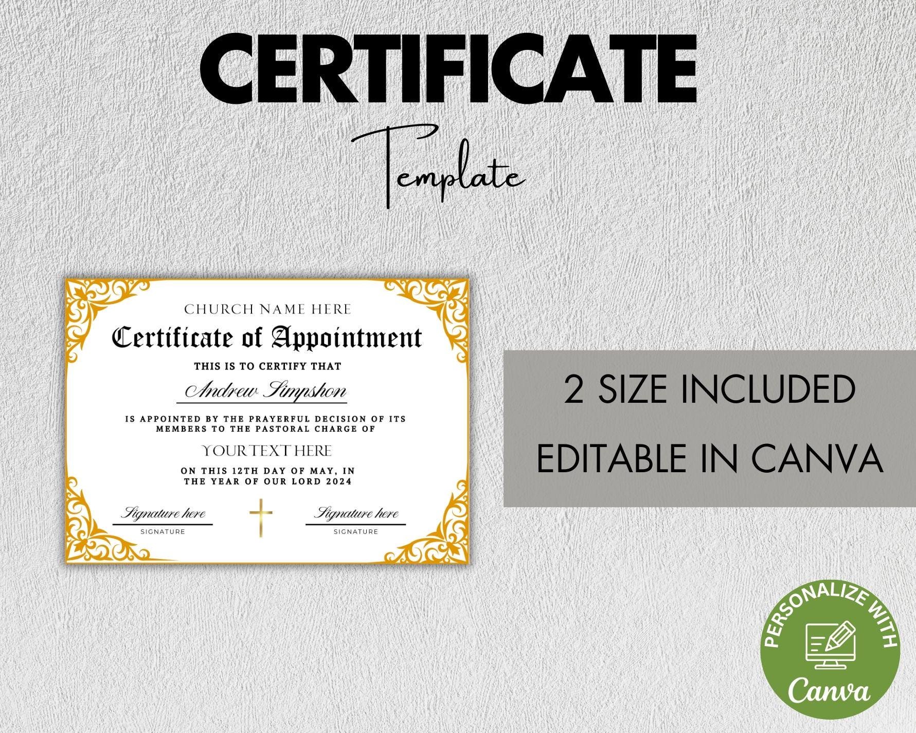Editable Appointment Certificate, Printable Bishop Pastor Appointed ...
