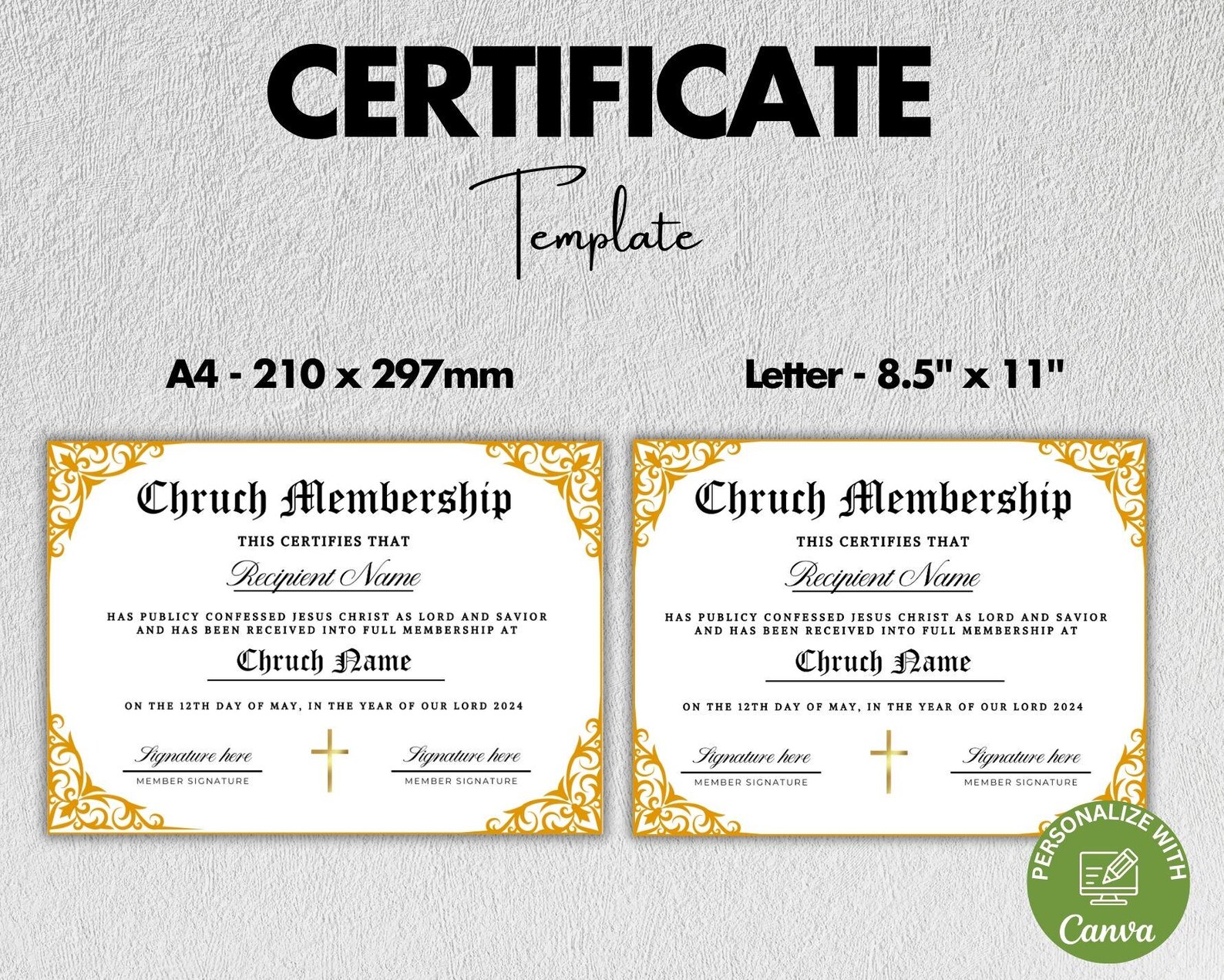 Church Membership Certificate Template, Editable Certificate of ...