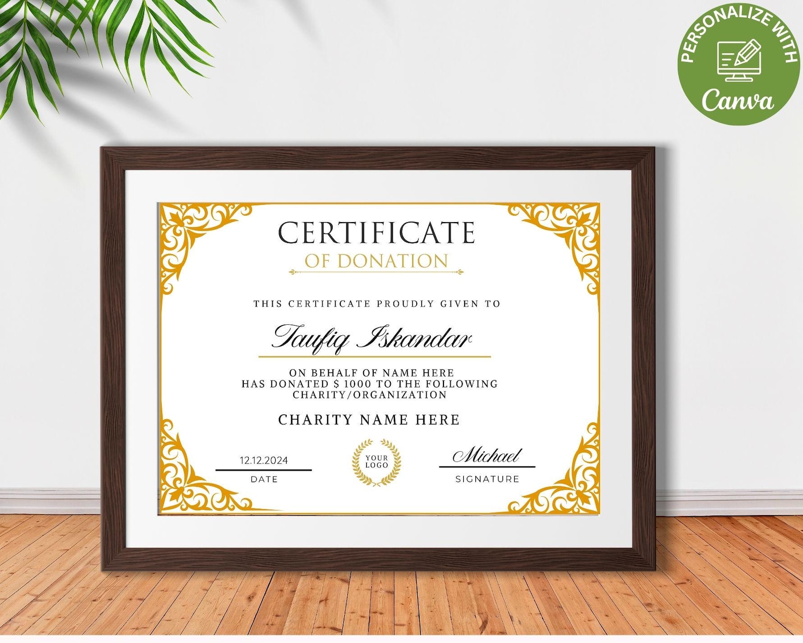 Certificate of Donation Template, Editable Donation Certificate ...