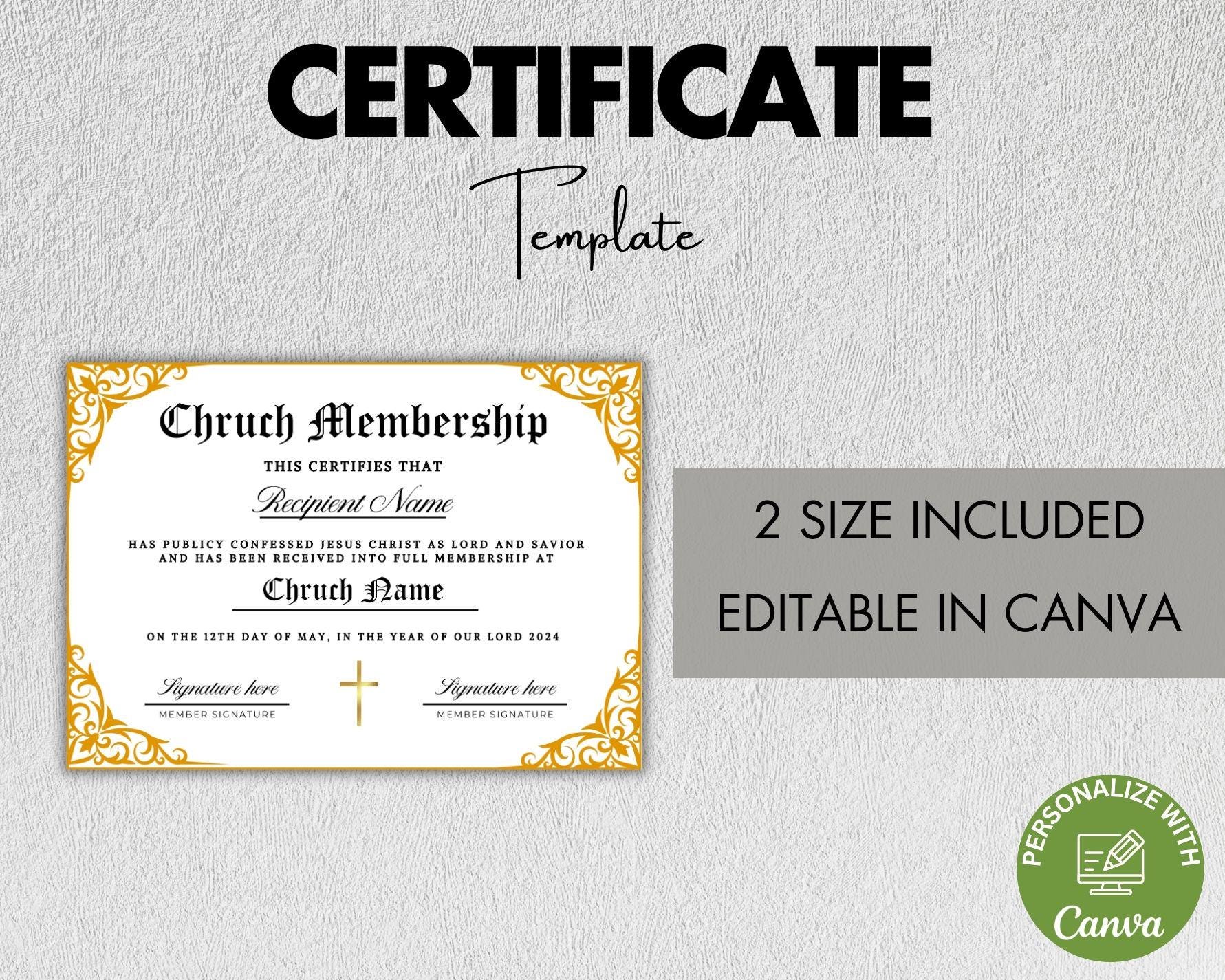 Church Membership Certificate Template, Editable Certificate of ...