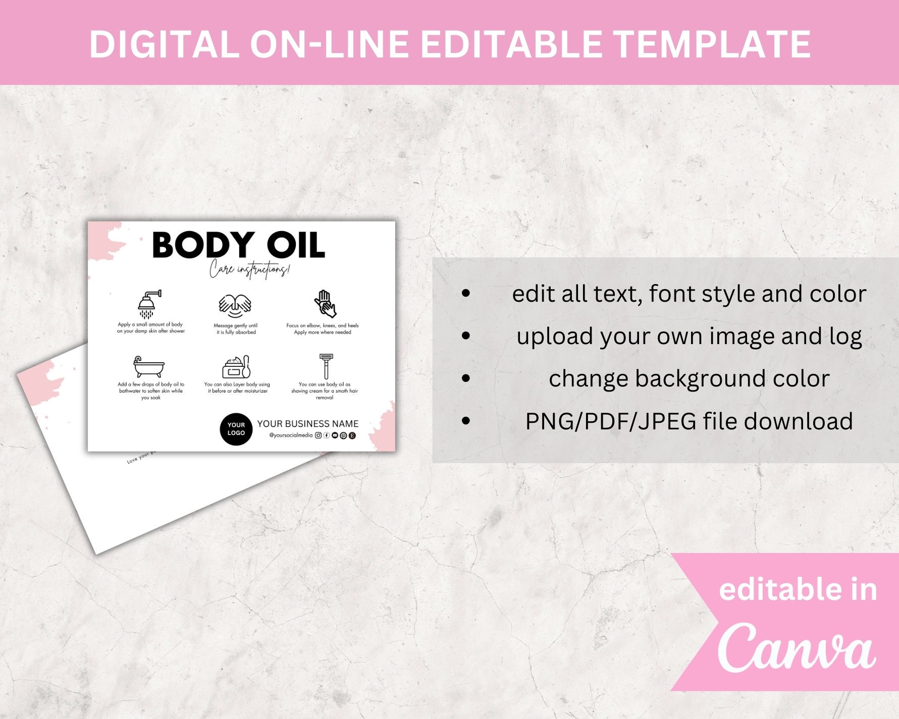 Editable Body Oil Care Card Template, Minimal Skin Oil Application ...