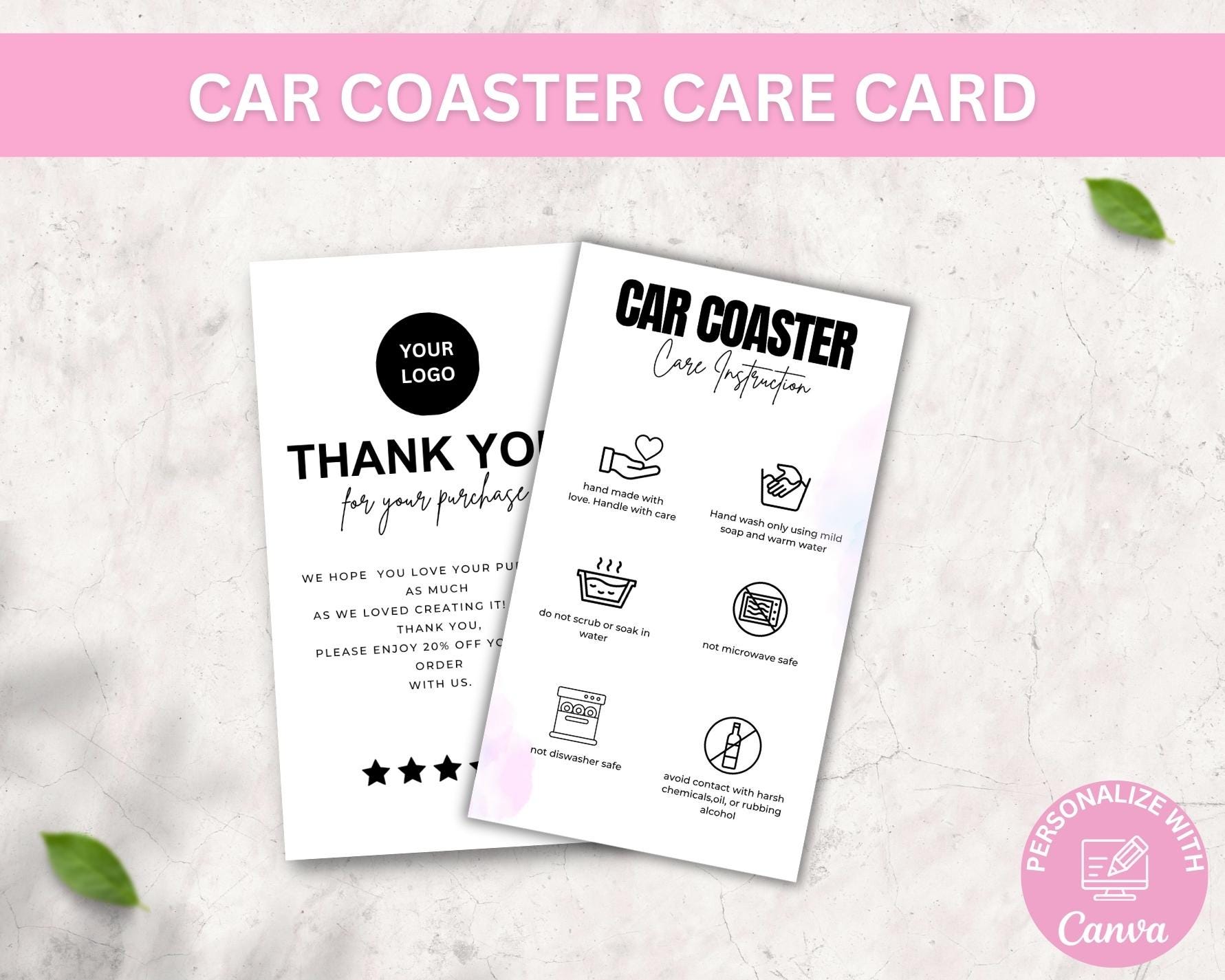 Mini Car Coaster Care Card Template, Editable Car Tumbler Holder Care ...