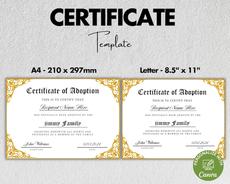 Certificate of Adoption Template, Editable Child Adoption Certificate ...
