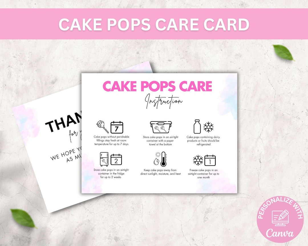 Editable Cake Pops Care Instructions Card Template, Cake Pop Care Card, Cake Lollipops Care ...