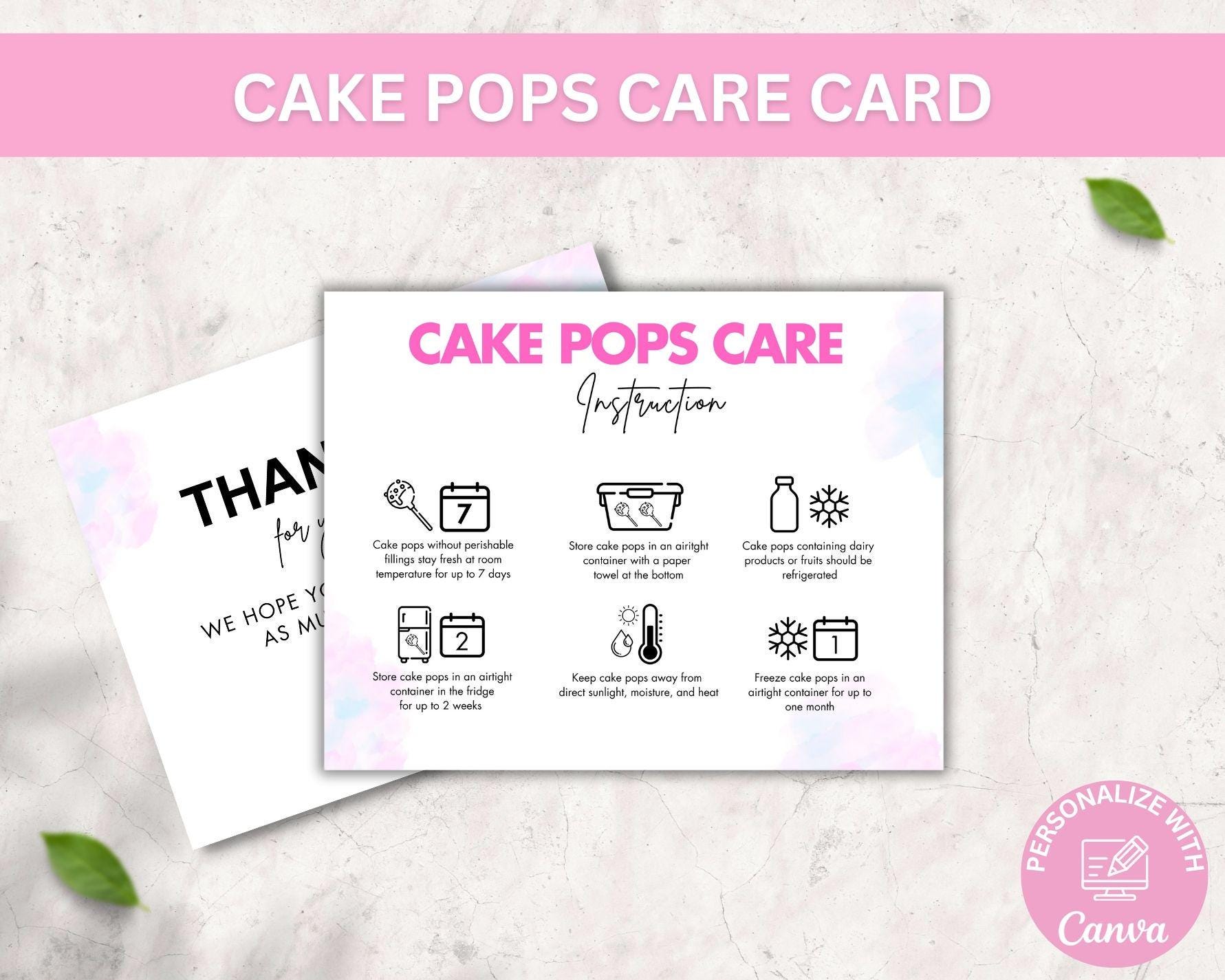 Editable Cake Pops Care Instructions Card Template, Cake Pop Care Card ...