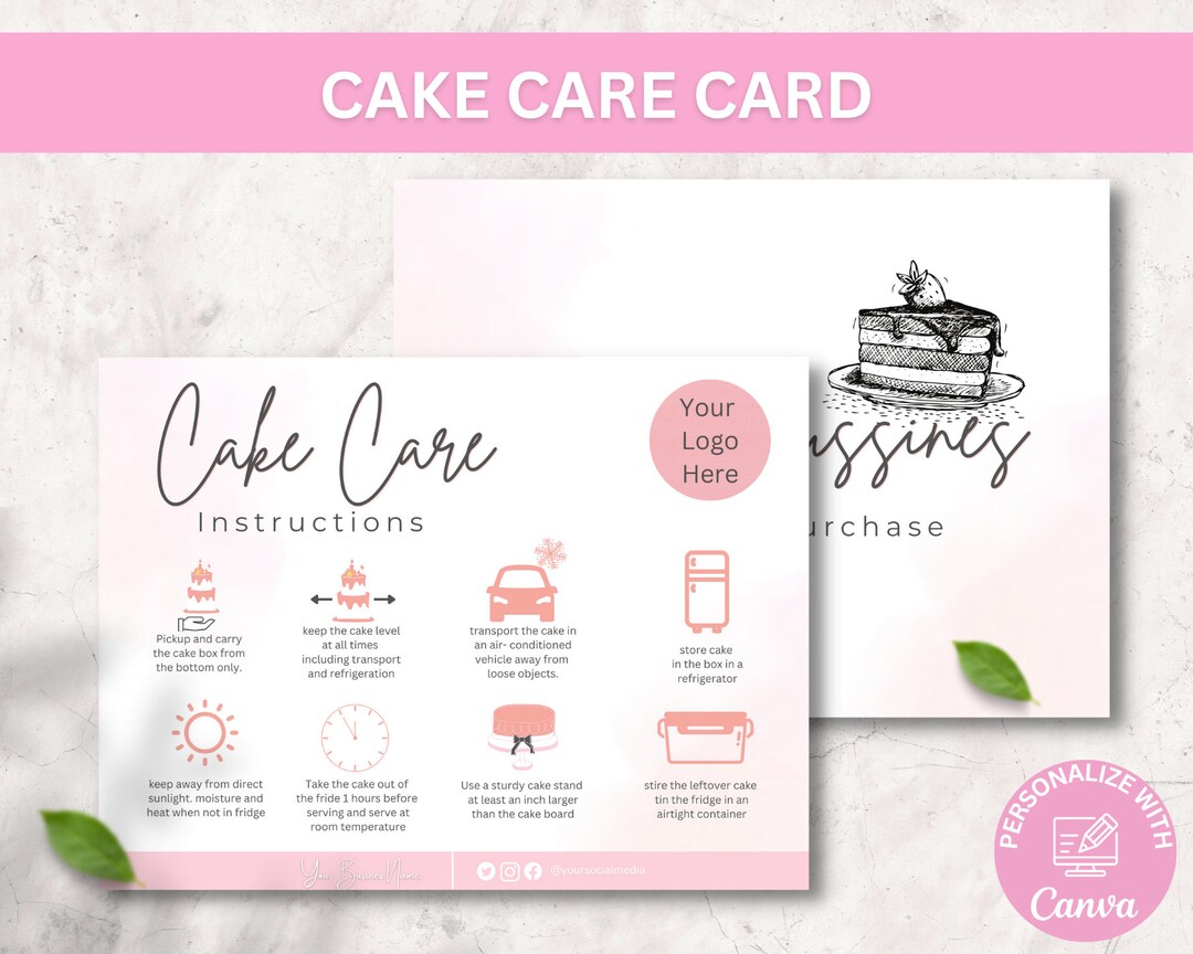 Cake Care Card Template, Canva Editable Wedding Cake Care Cards ...
