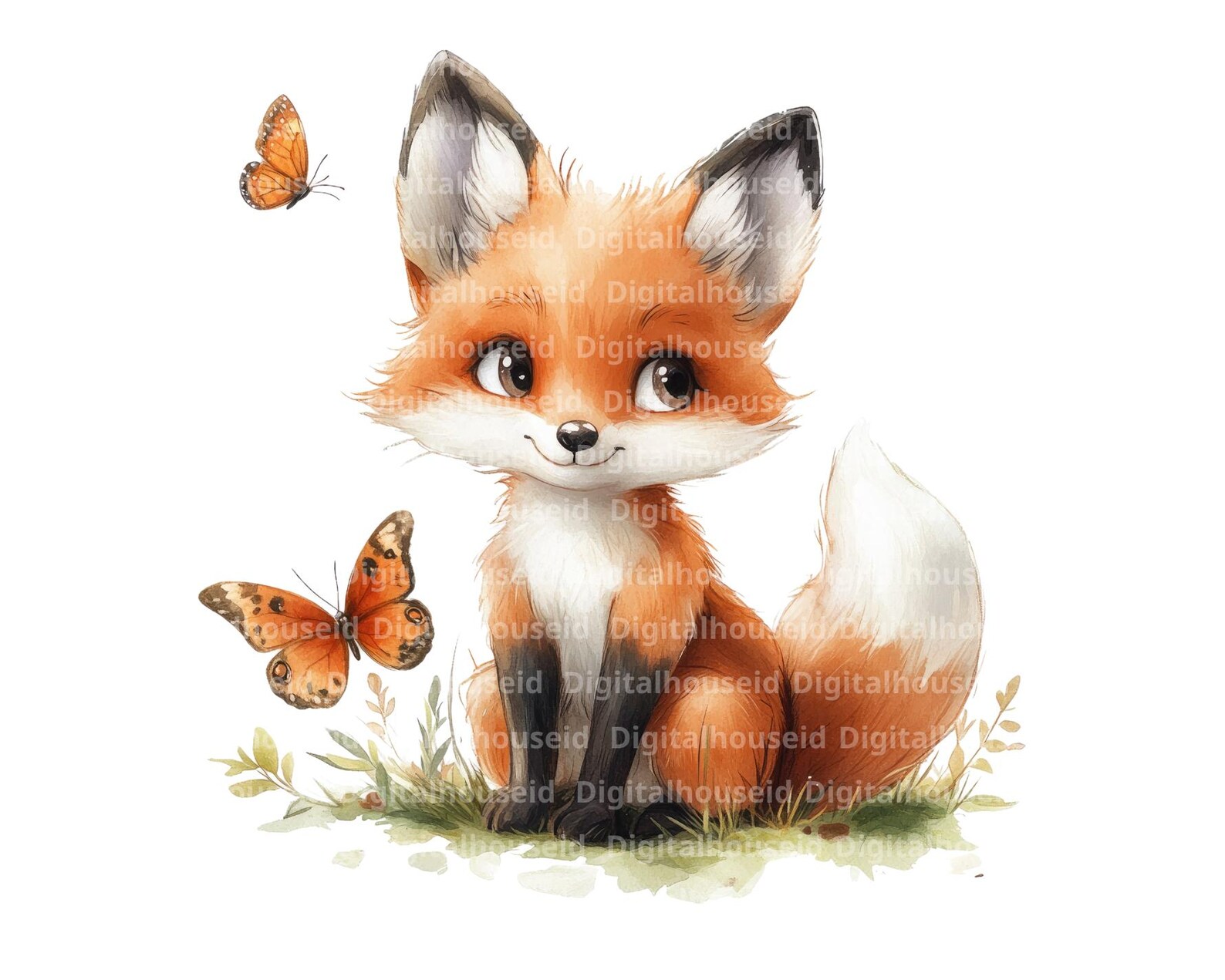12 Fox and Butterfly Clipart, Cute Fox Baby, Printable Watercolor ...