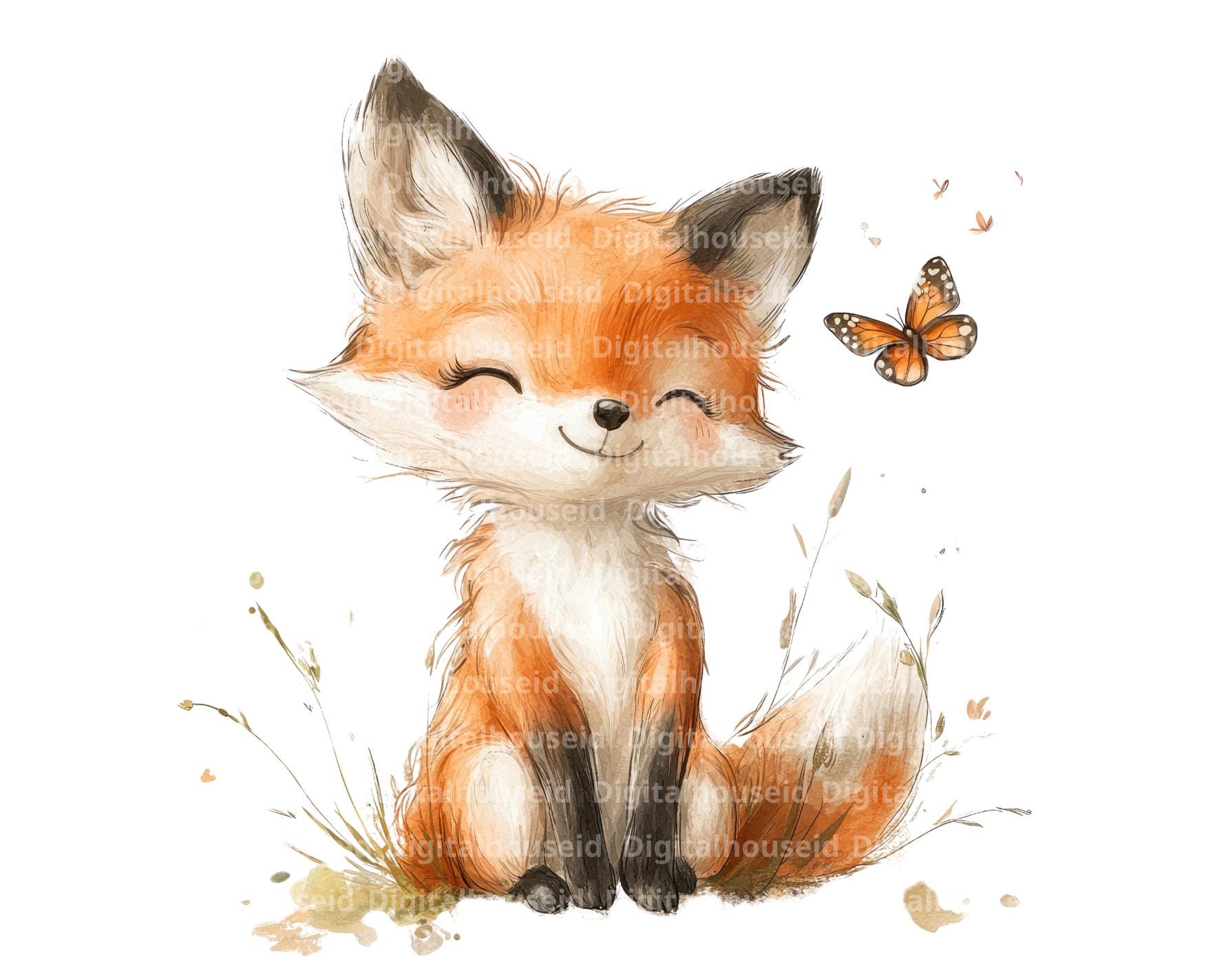 12 Fox and Butterfly Clipart, Cute Fox Baby, Printable Watercolor ...