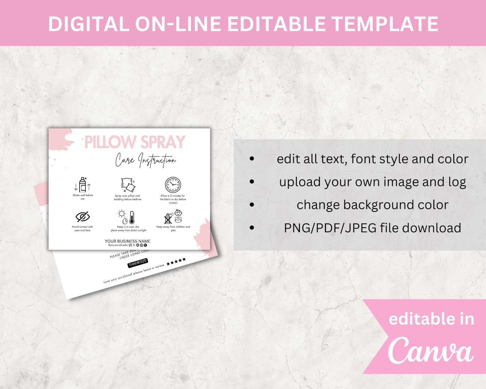Pillow Spray Care Card Template, Editable Sleep Mist Care Guide, Linen ...