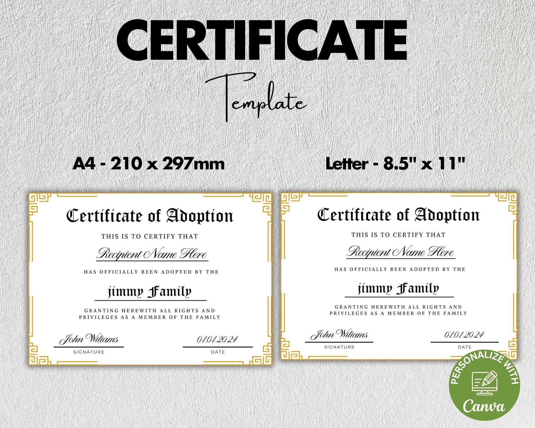 Certificate of Adoption Template, Editable Child Adoption Certificate ...