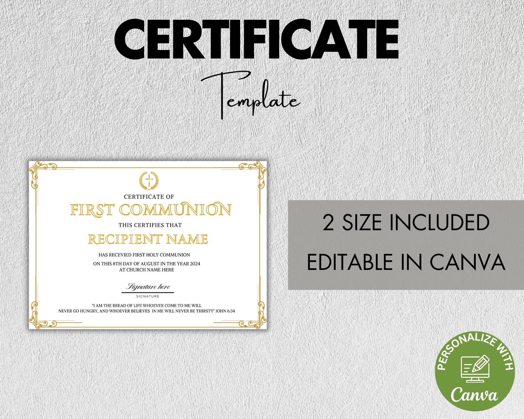 First Communion Certificate Template, Editable First Holy Communion ...
