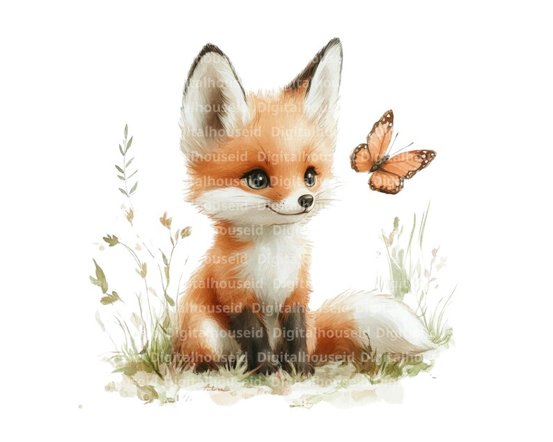 12 Fox and Butterfly Clipart, Cute Fox Baby, Printable Watercolor ...