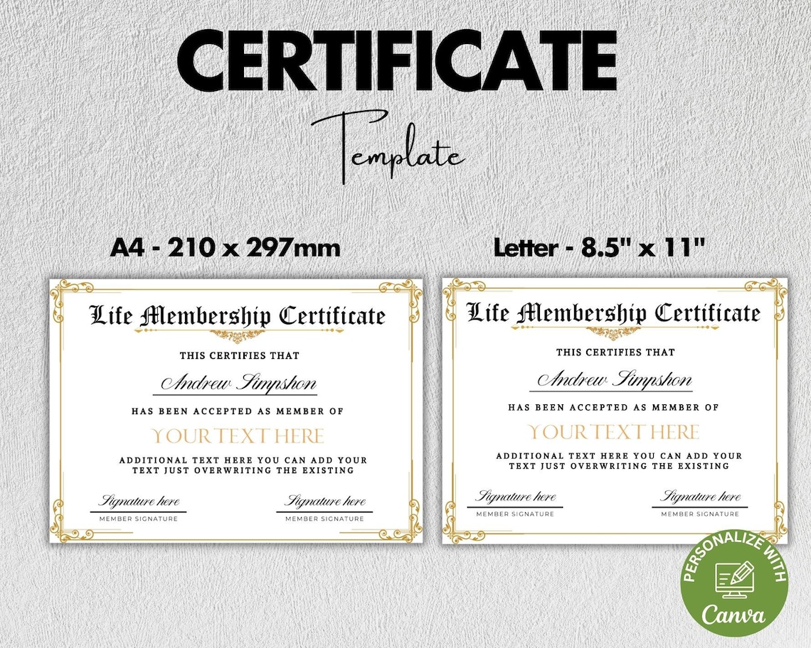Editable Certificate of Life Membership, Printable Life Membership ...