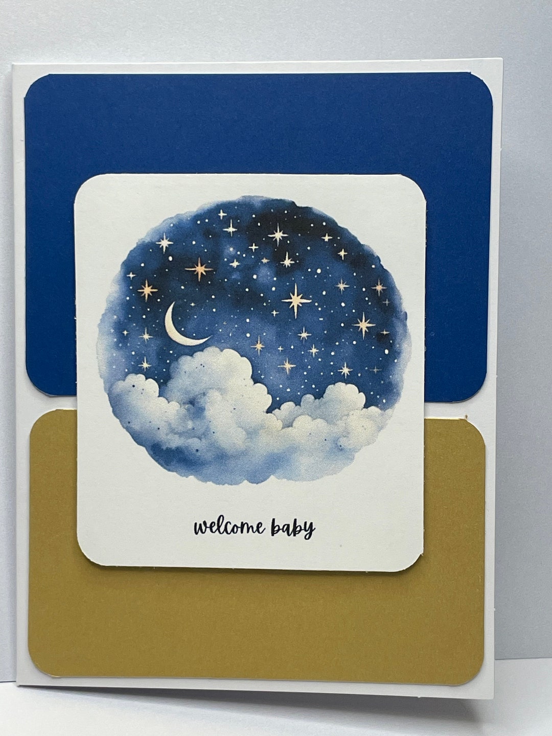Welcome Baby - Moon and Stars With Clouds - Blue and Gold - Baby Shower ...