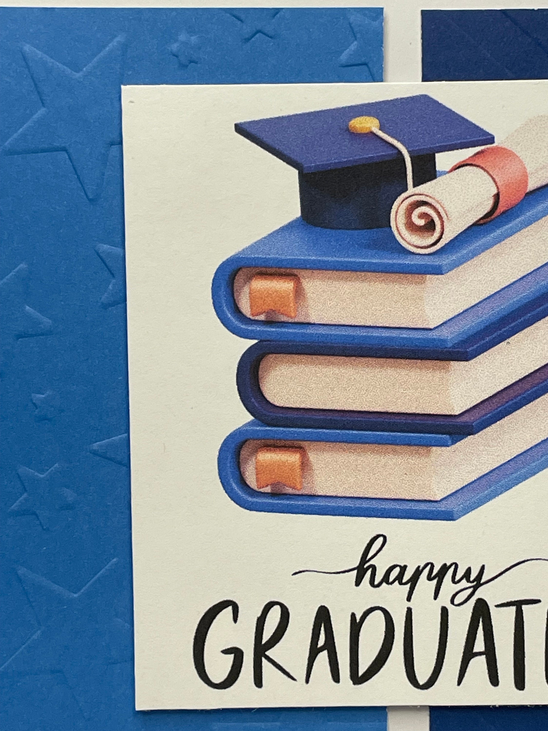 Happy Graduation Book Stack With Diploma and Cap Blue Graduation ...